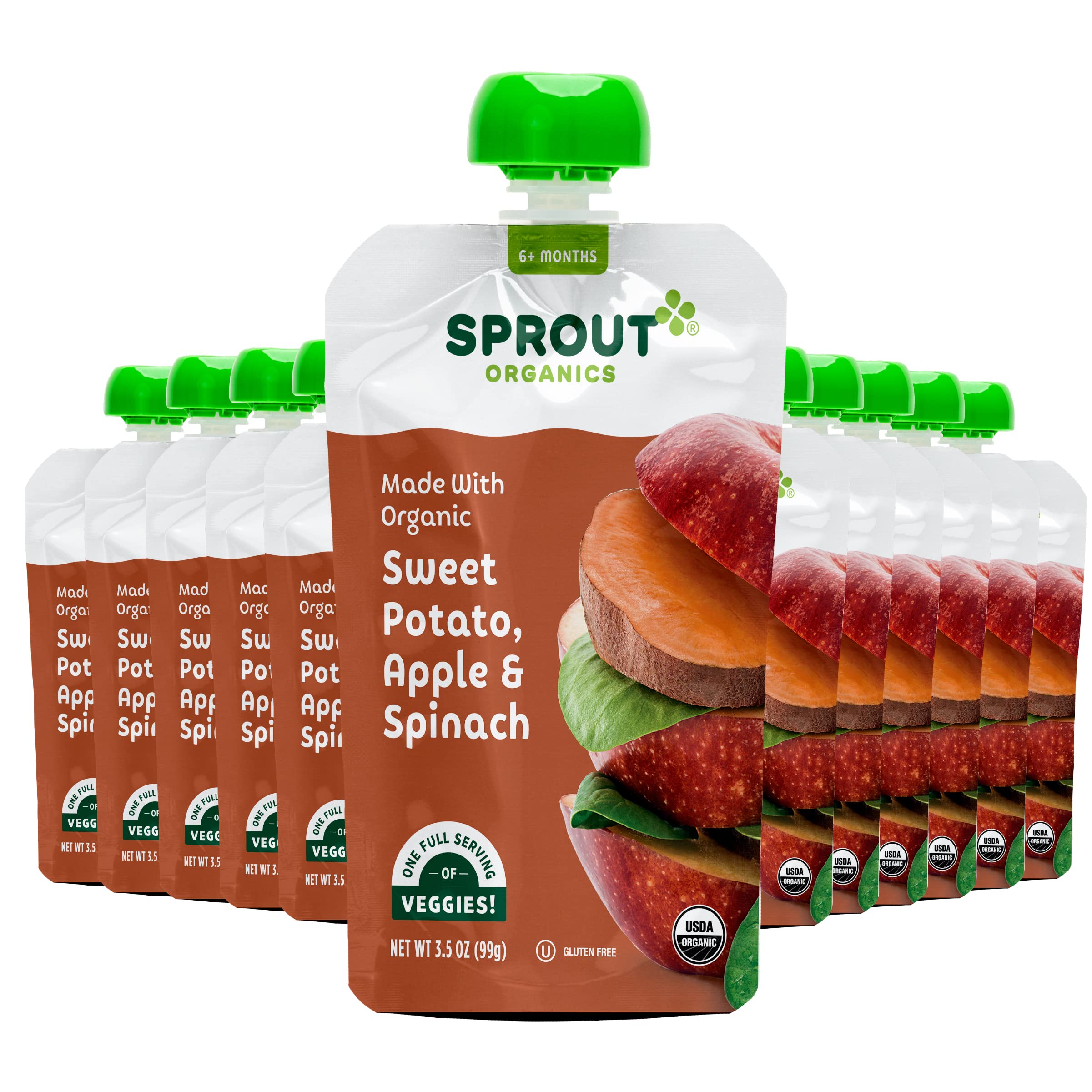 Sprout Organic Baby Food, Stage 2 Pouches, Sweet Potato Apple and Spinach, 3.5 Oz Purees (Pack of 12)