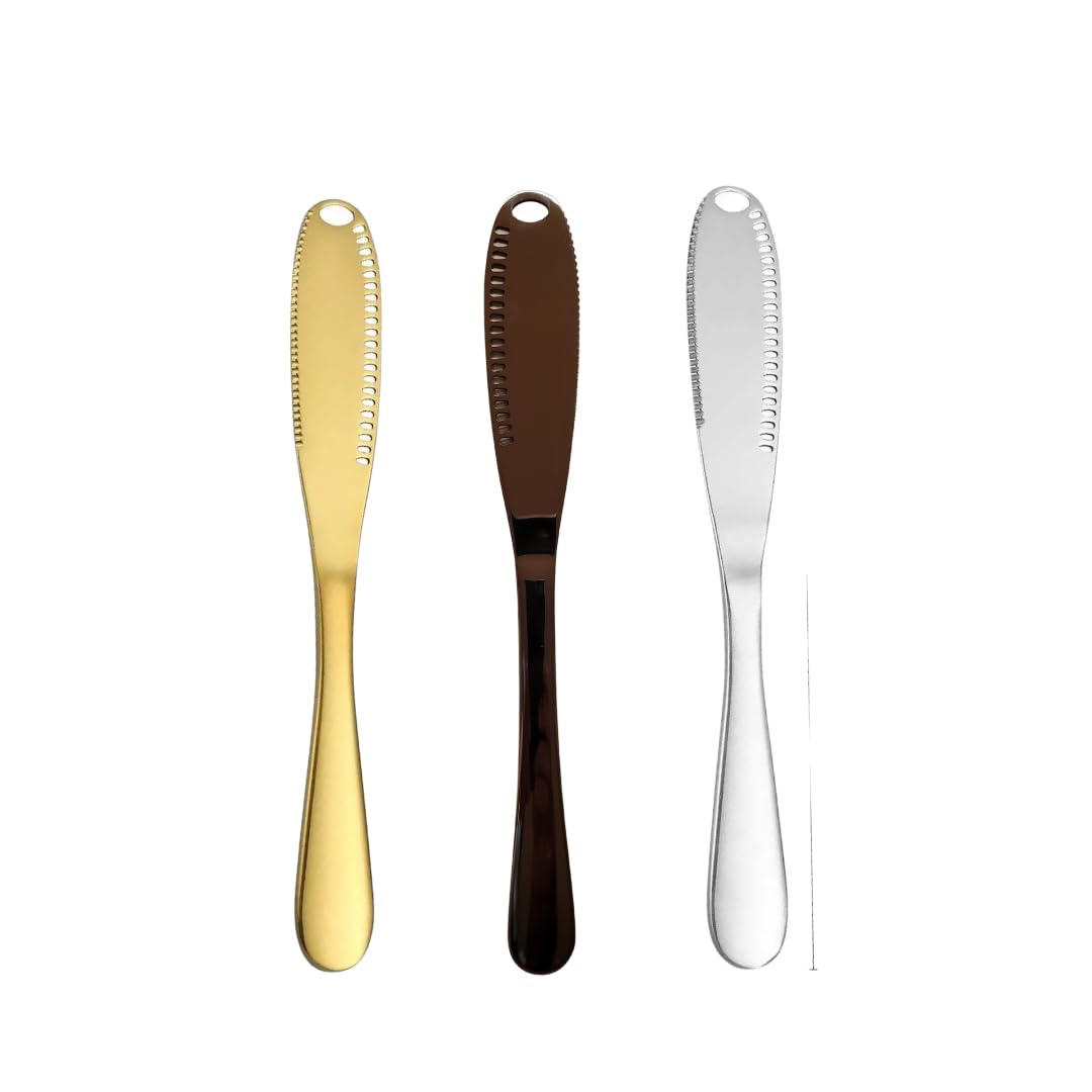 AMAZING GOODS Stainless Steel Butter Spreader, Butter Knife - 3 in 1 Kitchen Gadgets (3 Set) 1 Gold, 1 Sliver, 1 Black