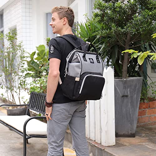 Hafmall Diaper Bag Backpack, Multifunctional Baby Diaper Bag with Stroller Hooks, Stylish Baby Bag for Mom Dad, Gray Black