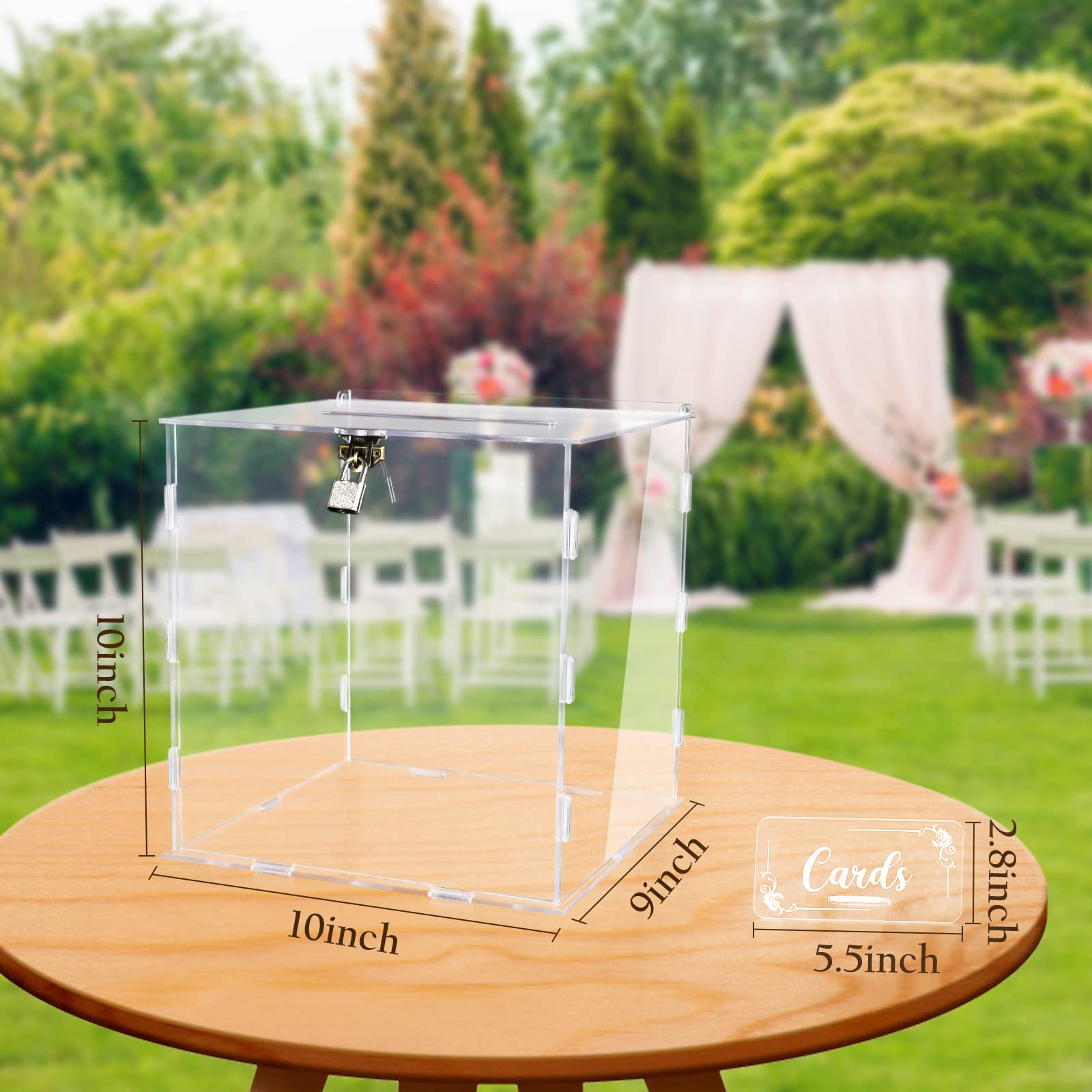 Eaezerav Acrylic Wedding Card Box, Clear Acrylic Wedding Money Box with Lock and Card Sign for Reception Anniversary Wedding Birthday Graduation Party (Acrylic 10×10×9 Inch)