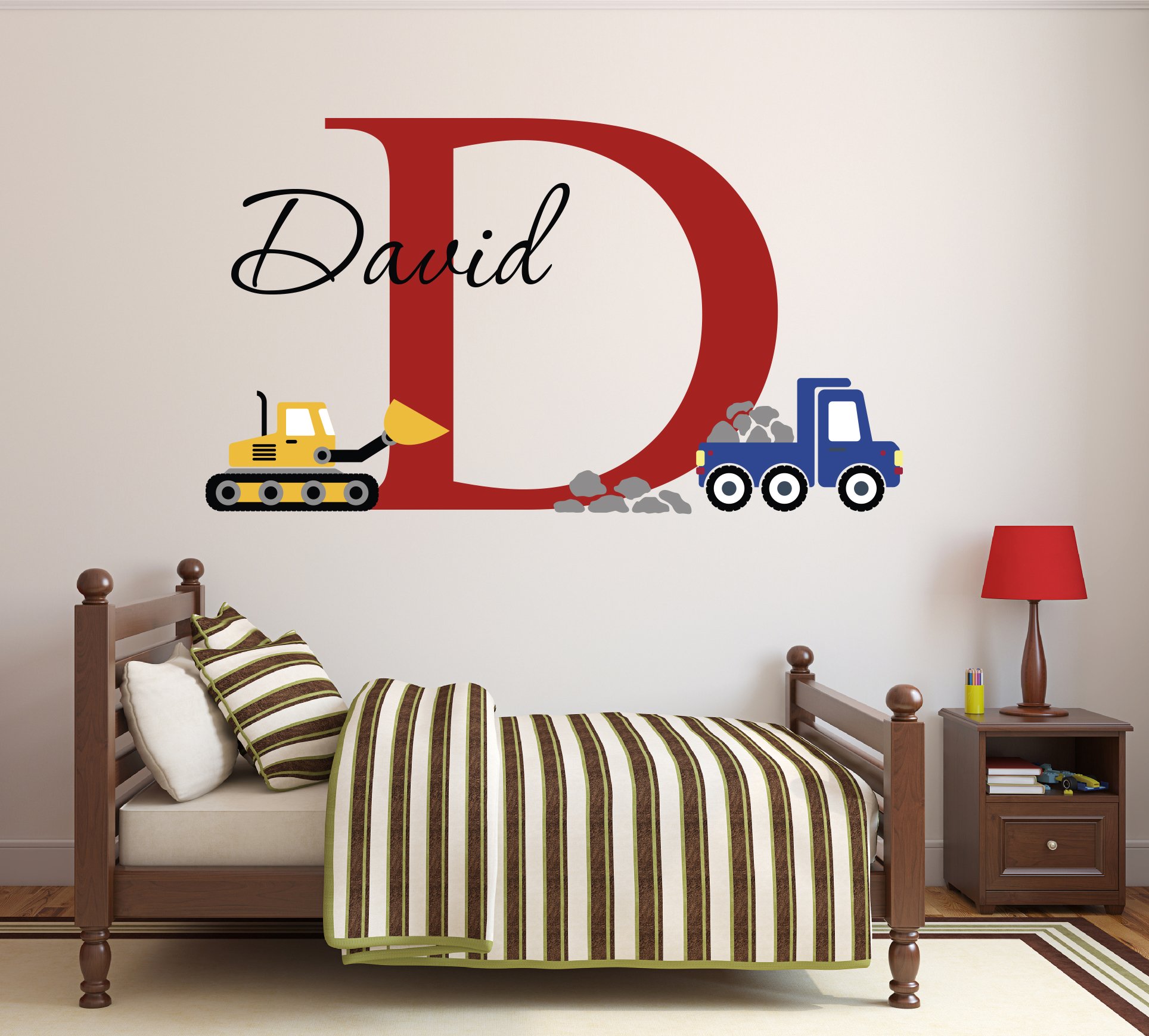 Lovely Decals World LLC Custom Construction Truck Name Wall Decal for Boys Nursery Baby Room Art Decor Vinyl Sticker (20" W x 16" H)