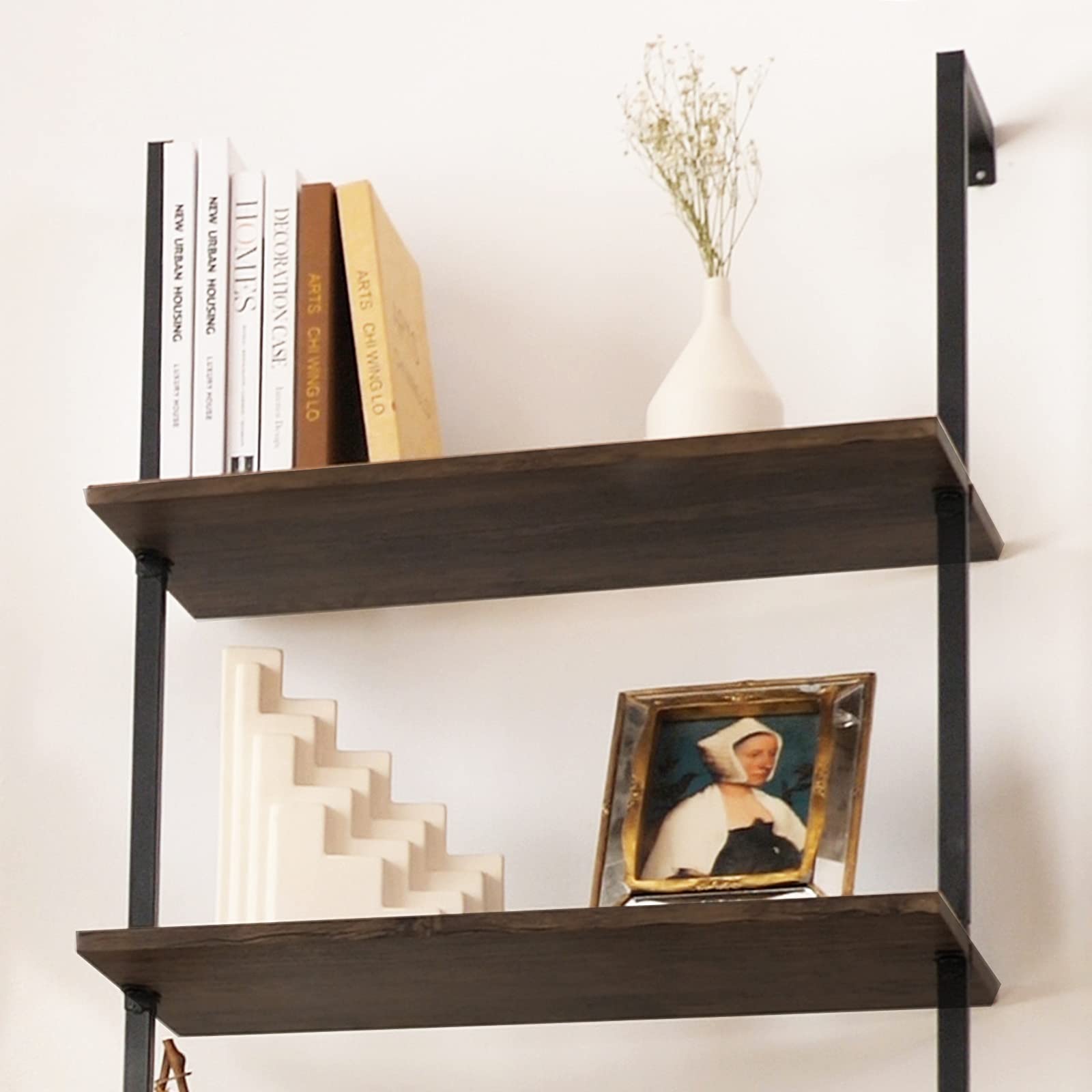 aboxoo Ladder Shelf Open Bookshelf 5-tier Wall-mounted Wood Bookcase Storage Rack Open back Industrial Modern Plant Flower Stand Utility Organizer Bookcase Metal Frame Furniture Office Kitchen Bedroom
