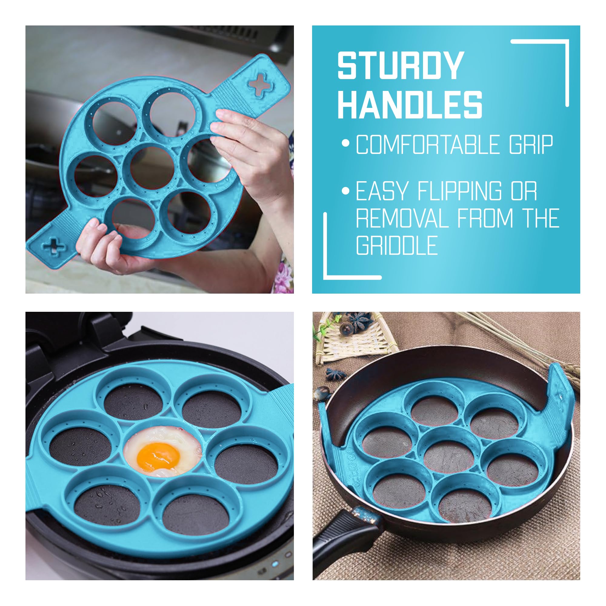 BIOPRONEXT Non Stick Pancake Maker - 7 Circles Mini Pancake Mold - Silicone Pancake Mold - Silicone Egg Rings for Griddle with Handles - Pancake Molds for Griddle Frying Eggs - Blue
