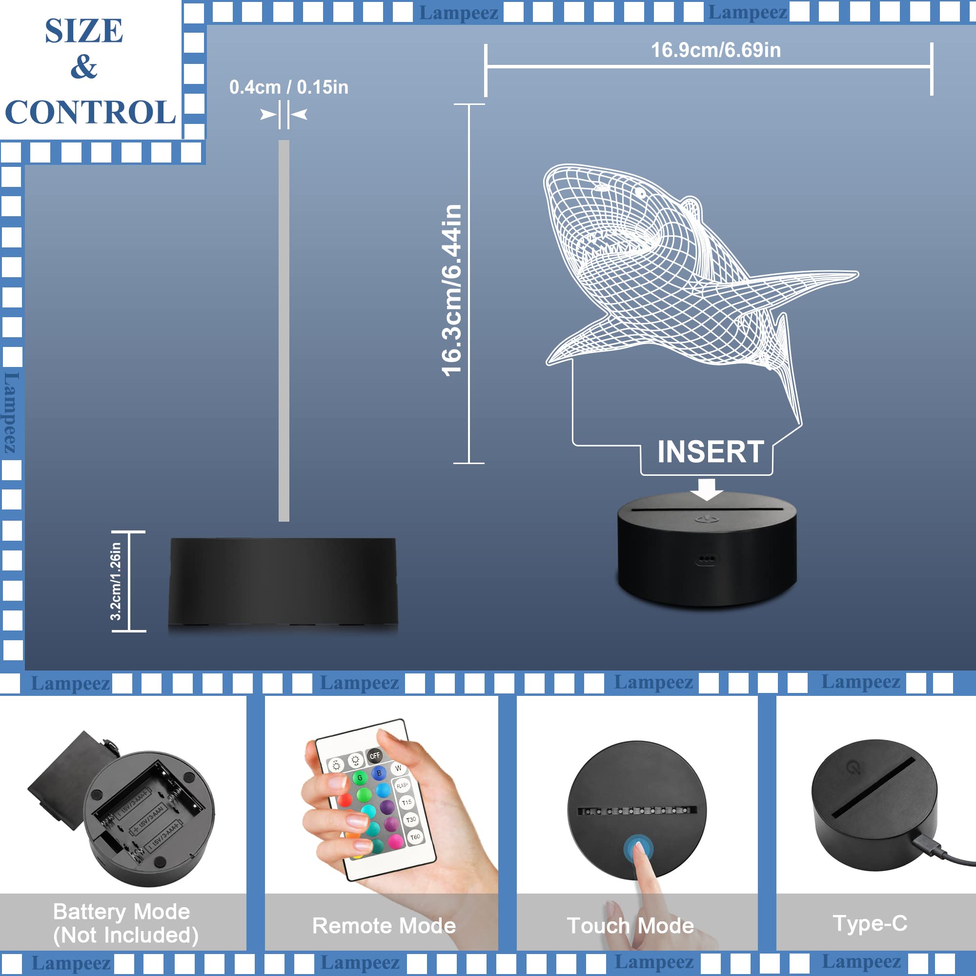 Lampeez Ocean Sea Animals 3D Lamp Kits,Dolphin, Marlin,Shark,Whale 3D Night Light for Kids (4 Patterns) with Remote Control & 16 Colors Changing & Dimmable Function & Xmas Birthday Gifts for Boy Girl