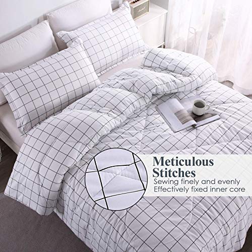 Andency White Grid Comforter Set Twin Size (66x90 Inch), 2 Pieces(1 Grid Comforter and 1 Pillowcase), Summer Lightweight Microfiber Down Alternative White Comforter with Black Lines for Kids Girls