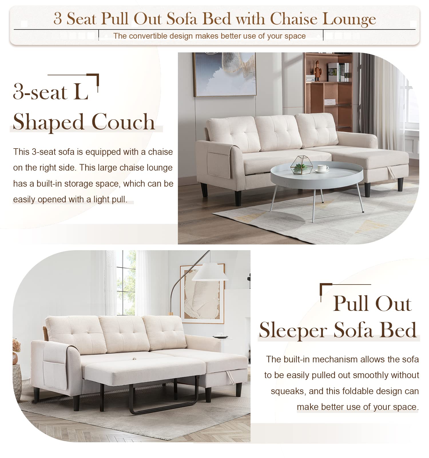 Modern Pull Out Sleeper Sofa Bed with Chaise, Comfy L Shaped Convertible Sleeper Couch with Storage and Pocket, Sectional 3 Seat Couch for Living Room Furniture or Office, Tufted Back (Beige)