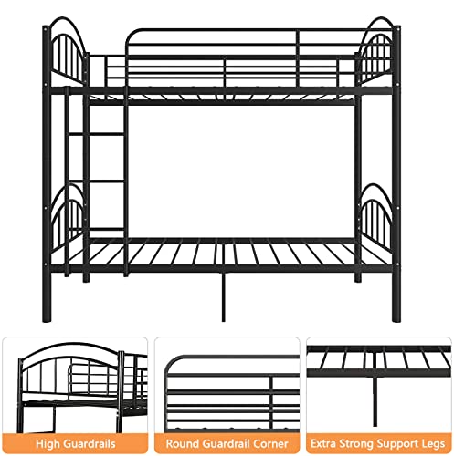 Alohappy Metal Bunk Beds Frame Twin Over Twin, Convertible Into 2 Individual Metal Bed Frame, Removable Ladder & Safety Guard Rail (Black)