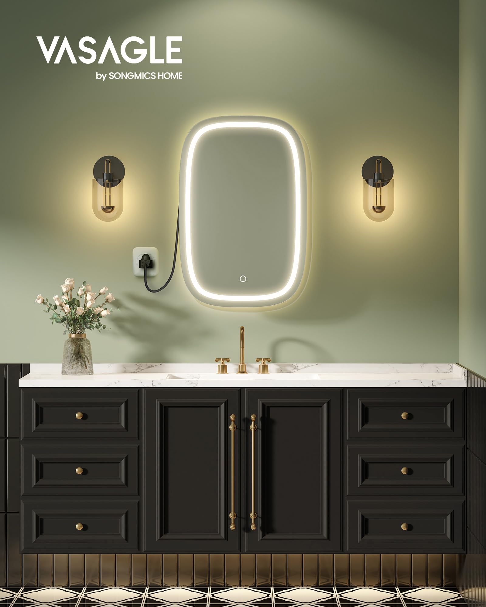 VASAGLE Medicine Cabinet with Mirror and Lights, Wall-Mounted Bathroom Wall Cabinet with Charging Station, 2 AC Outlets, 2 USB-A Ports, Rounded Rectangle, Adjustable Shelf, Black UBBK127B02