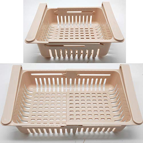 Fridge Drawer Organizer, Retractable Refrigerator Storage Box, Food Fresh-keeping Classified Organizer Container Pull Out Basket, Small Size, Fit for Fridge Shelf Under 0.5 inch (Beige)