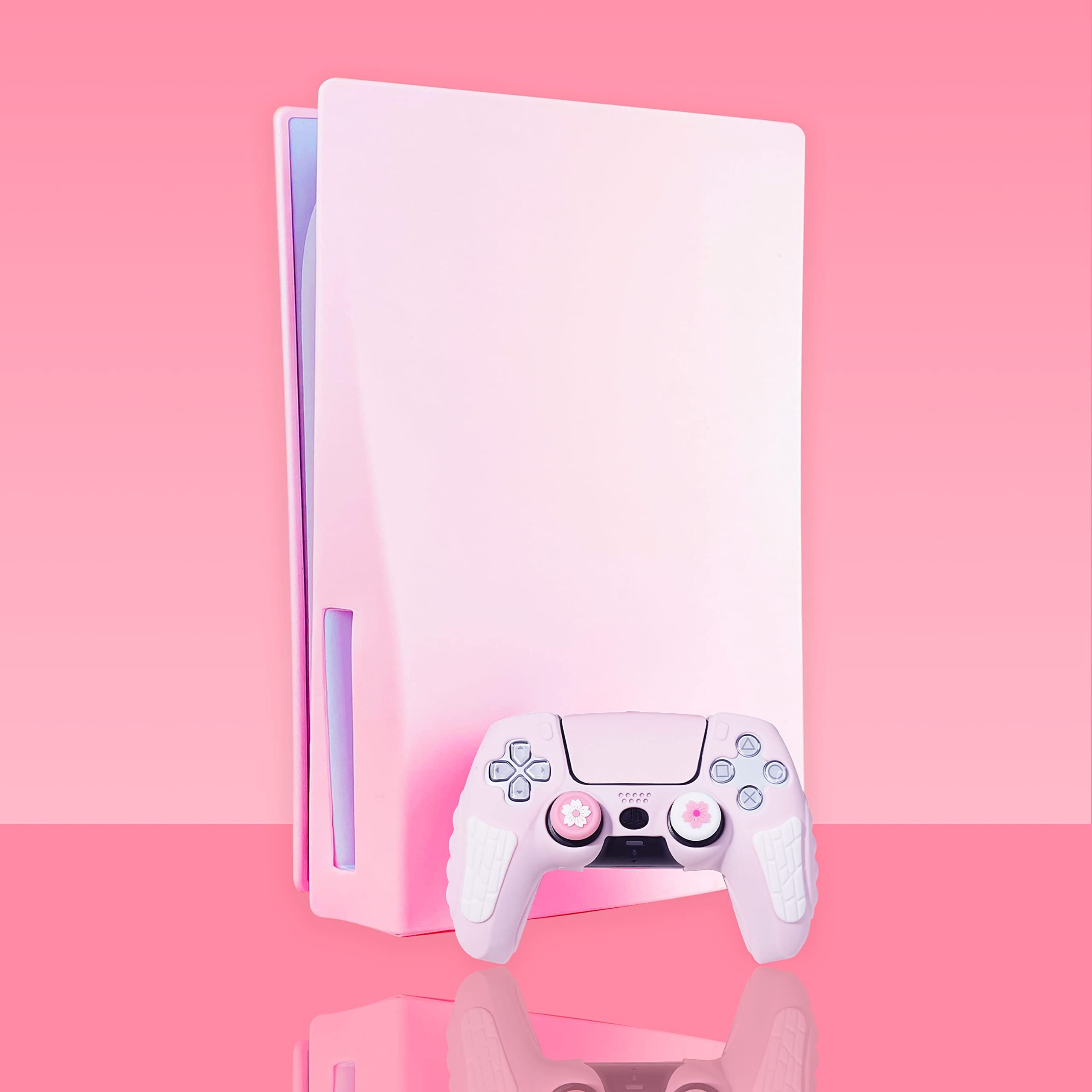 BelugaDesign PS5 Silicone Cover Bundle | Dust Guard Anti-Scratch Anti-Fall Skin | Protective Soft Sleeve with Controller Cover and Sakura Thumb Grips (Pink, Disc Edition)