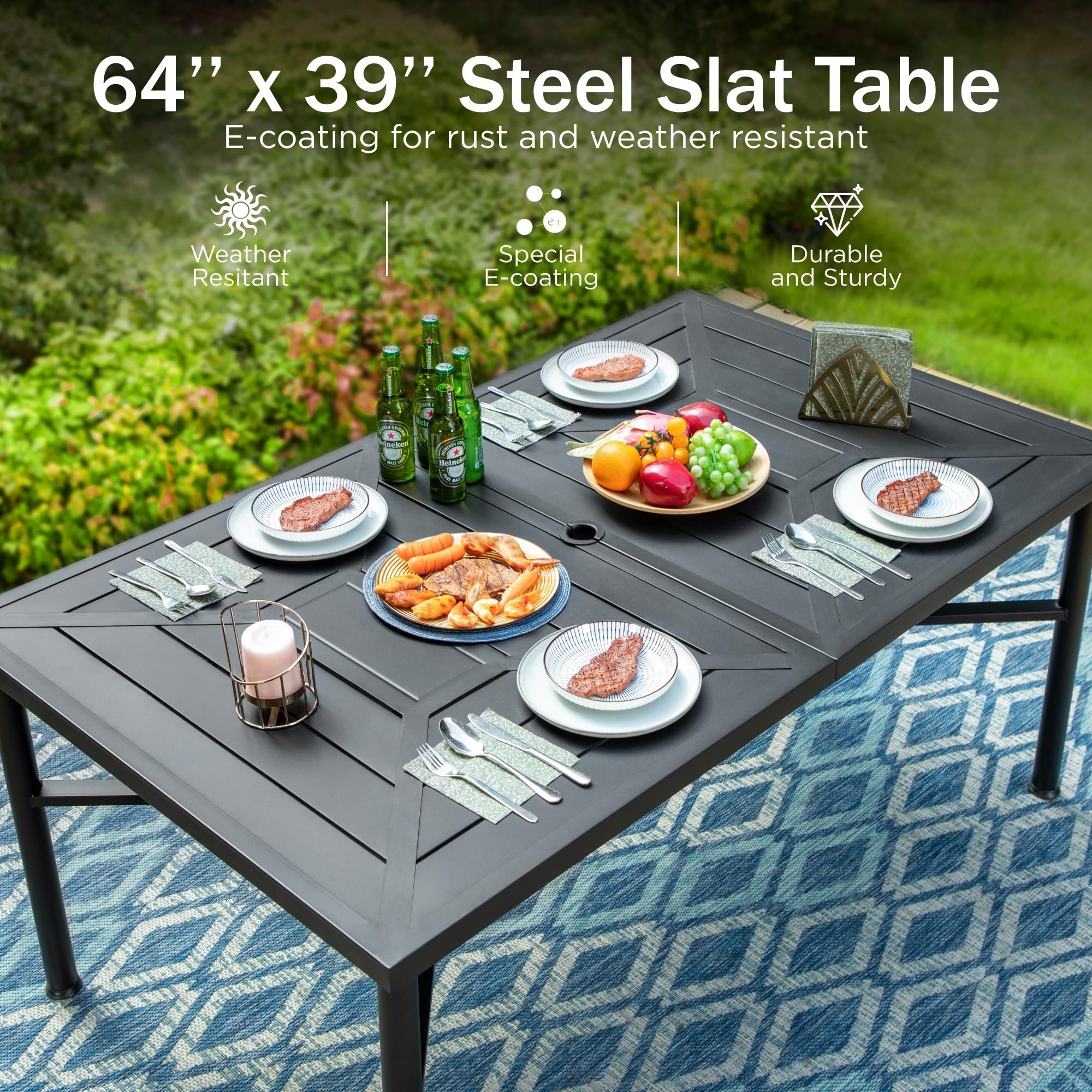 PHI VILLA 64" Large Metal Patio Dining Table Steel Rectangular Outdoor Table, Weather-Resistant Table with 1.77" Umbrella Hole for Lawn Backyard Garden, Black