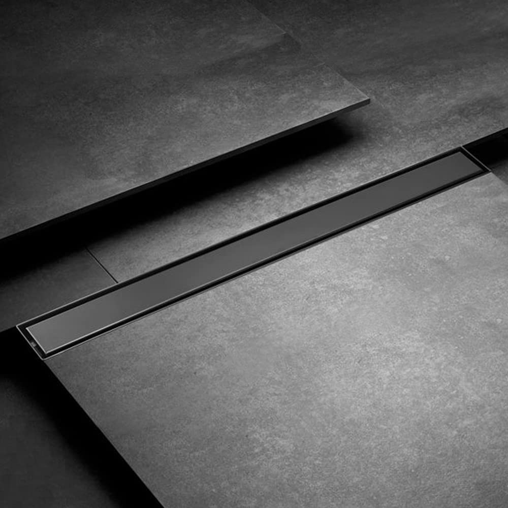 24 inch Linear Shower Drain with Removable Square Hole Panel by Using 304 Stainless Steel Process, Linear Drain Equipped with Adjustable Feet and Hair Strainer(Matte Black Color)
