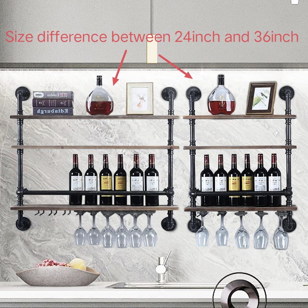 36"Wall Mounted Wine Rack with Shelf &Bottle Glass Holder,Hanging Industrial Pipe Shelves Floating Bar Shelves Rustic Wood Wine Shelf Wall Shelf Storage Unit Shelving Farmhouse Wine Glass Rack