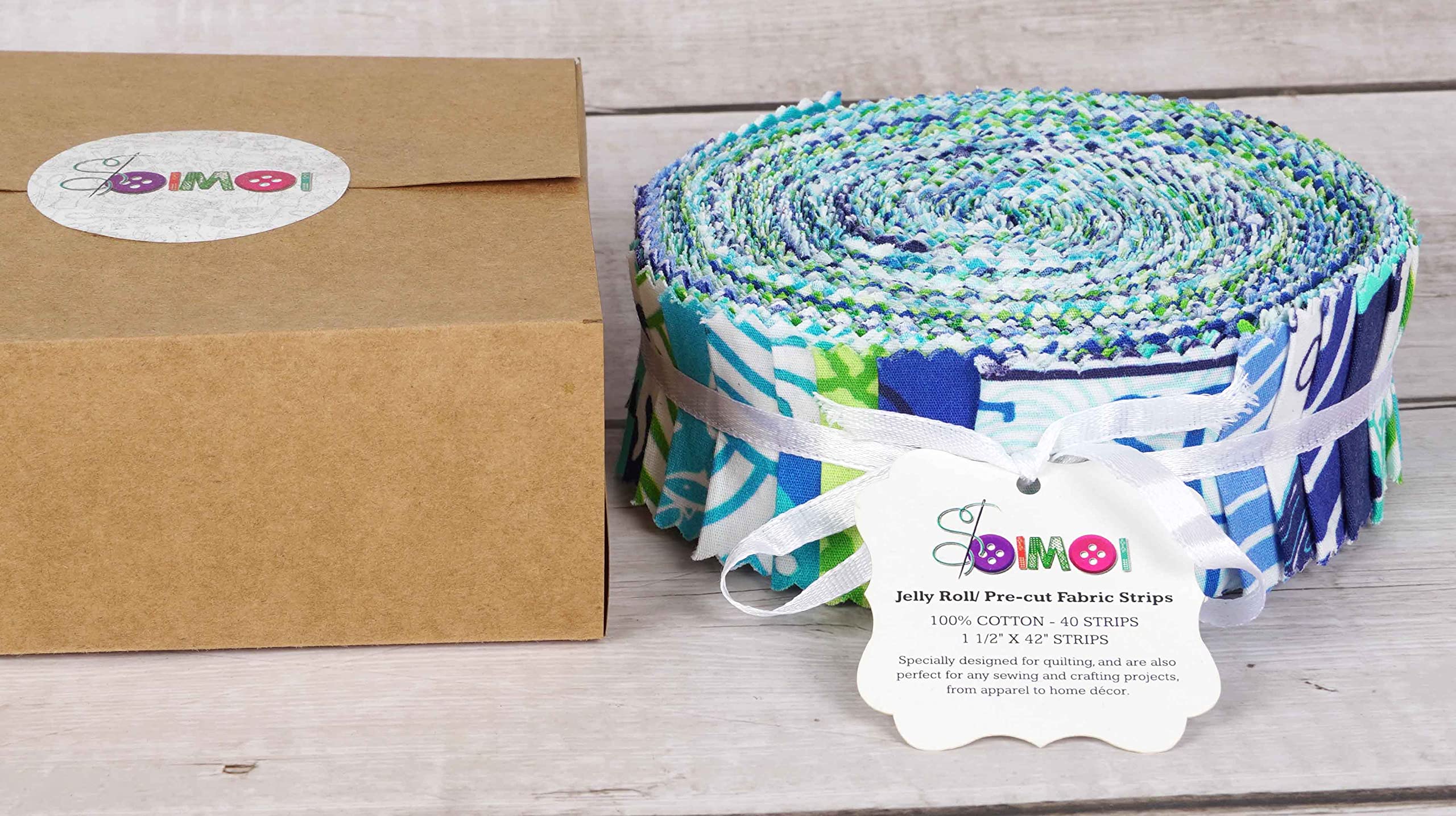 Soimoi 40Pcs Ocean Print Precut Fabrics Strips Roll Up 1.5x42 inches Cotton Jelly Rolls for Quilting - Medium Blue
