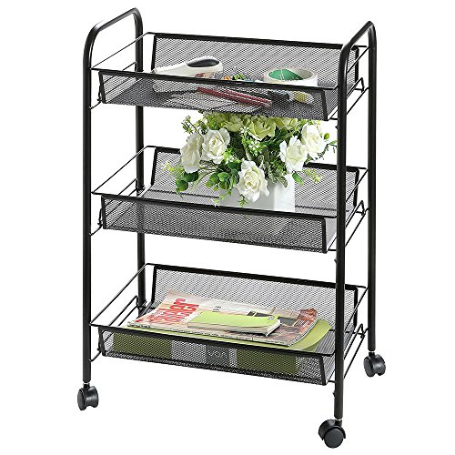 Karl home 3 Tier Storage Cart, Rolling Shelving Unit with Hooks, Trolley Craft cart, for Kitchen Bathroom Office Living Room, Black(17.32" L x 10.24" W x 24.41" H)