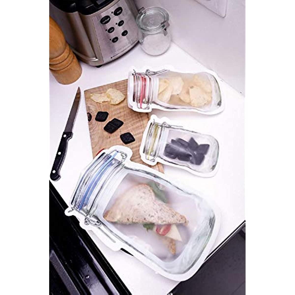 50PCS 6×4.2inch Mason Jar Pattern Food Storage Bag Reusable Stand Up Smell Proof Ziplock Bags Snack Saver Container Package Bag Frosted Pouches