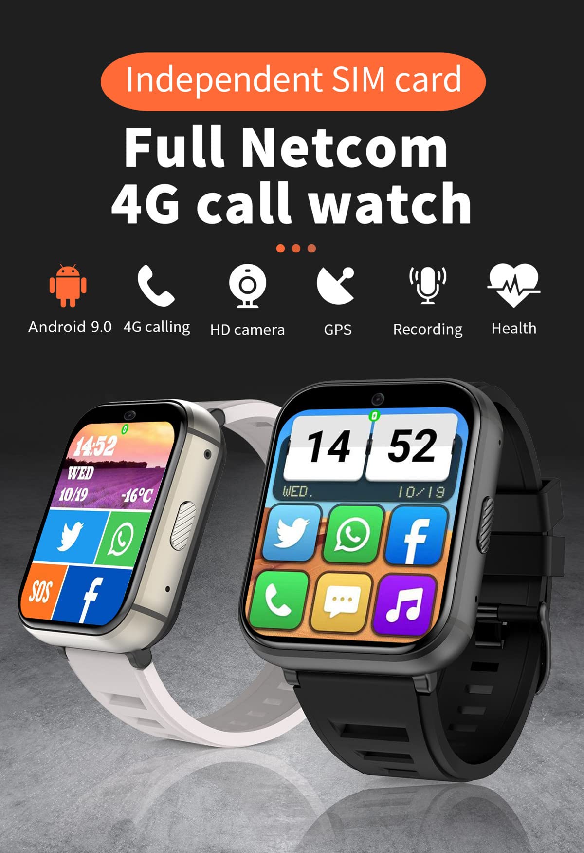 4G LTE Smart Watch Phone, Android 9.0 MTK6761 8 Core 4GB+64GB Men Watch BT5.0 IP67 930mAh 2.08" Touch Screen Support SMS Reply/Camera/Video Call/Wifi/SOS/GPS Fitness Activity Tracker (Black)