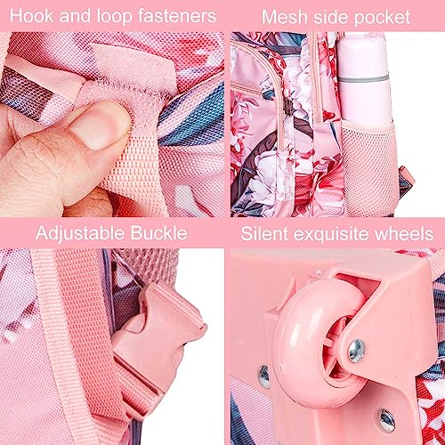 FTJCF 3pcs Rolling Backpack for Women, 21 Inche Adult Bag with Roller Wheels, Wheeled Bookbag Set for Girls - Pink