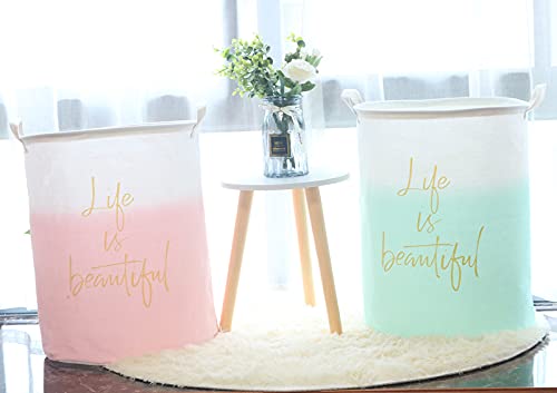 PFONB 19.7" X-Large Collapsible Laundry Basket,Waterproof Sturdy Lightweight Canvas Round Clothes Hamper for Baby Gift Basket.(Life Green)