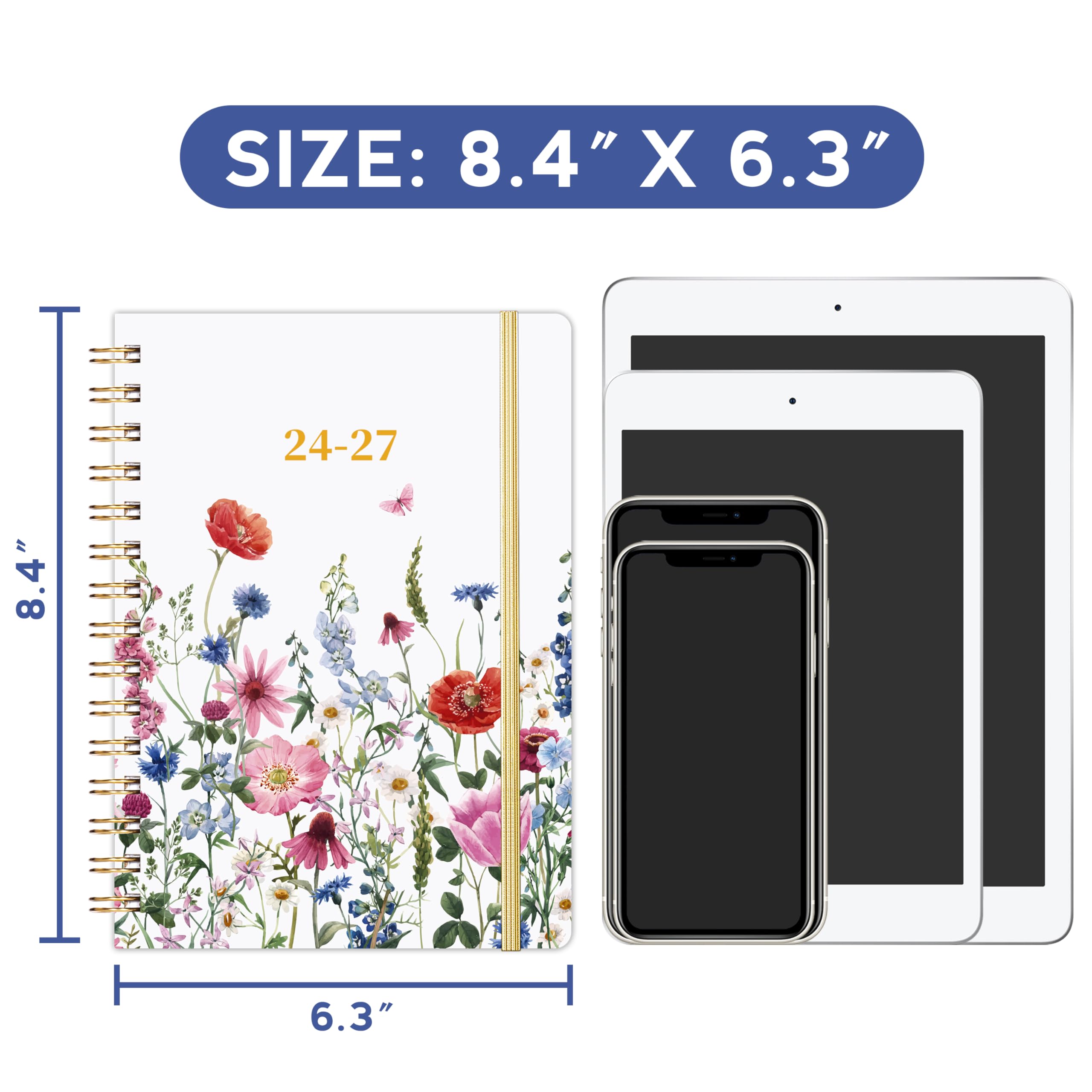 2024-2027 Monthly Planner - 3 Year Monthly Planner/Calendar 2024-2027, Jul. 2024 - Jun. 2027, 2024-2027 Monthly Planner, 6.3" x 8.4", 36 Monthly Calendar with Tabs + Back Pocket - Flowers