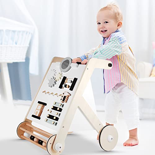 Beright Wooden Baby Walker with Roller, Push and Pull Learning Activity Walker, Multi-Functional Kids’ Activity Toy, Multiple Activities Center, Develops Motor Skills & Stimulates Creativity