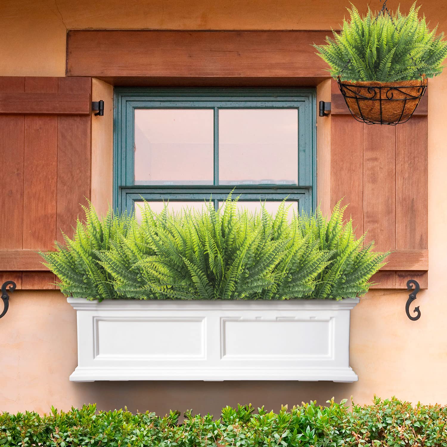 Artificial Plants, 12 Bundles Fake Boston Fern Greenery Outdoor UV Resistant Plastic Flowers Indoor Outside Hanging Planter Home Garden Decor