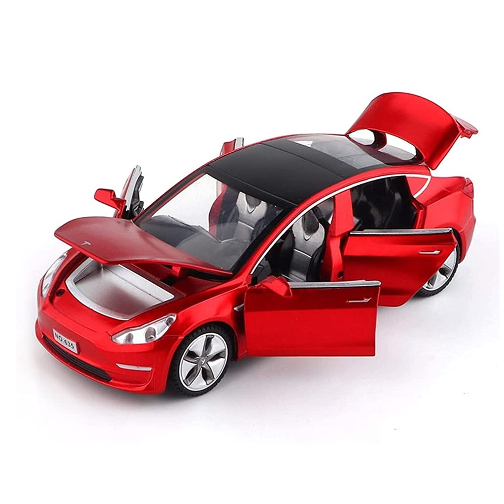 Car Model 3 1:32 Scale Alloy diecast Pull Back Electronic Toys with Lights and Sound, Mini Vehicles Toys for Kids Gift Tesla Car Lovers (Red)