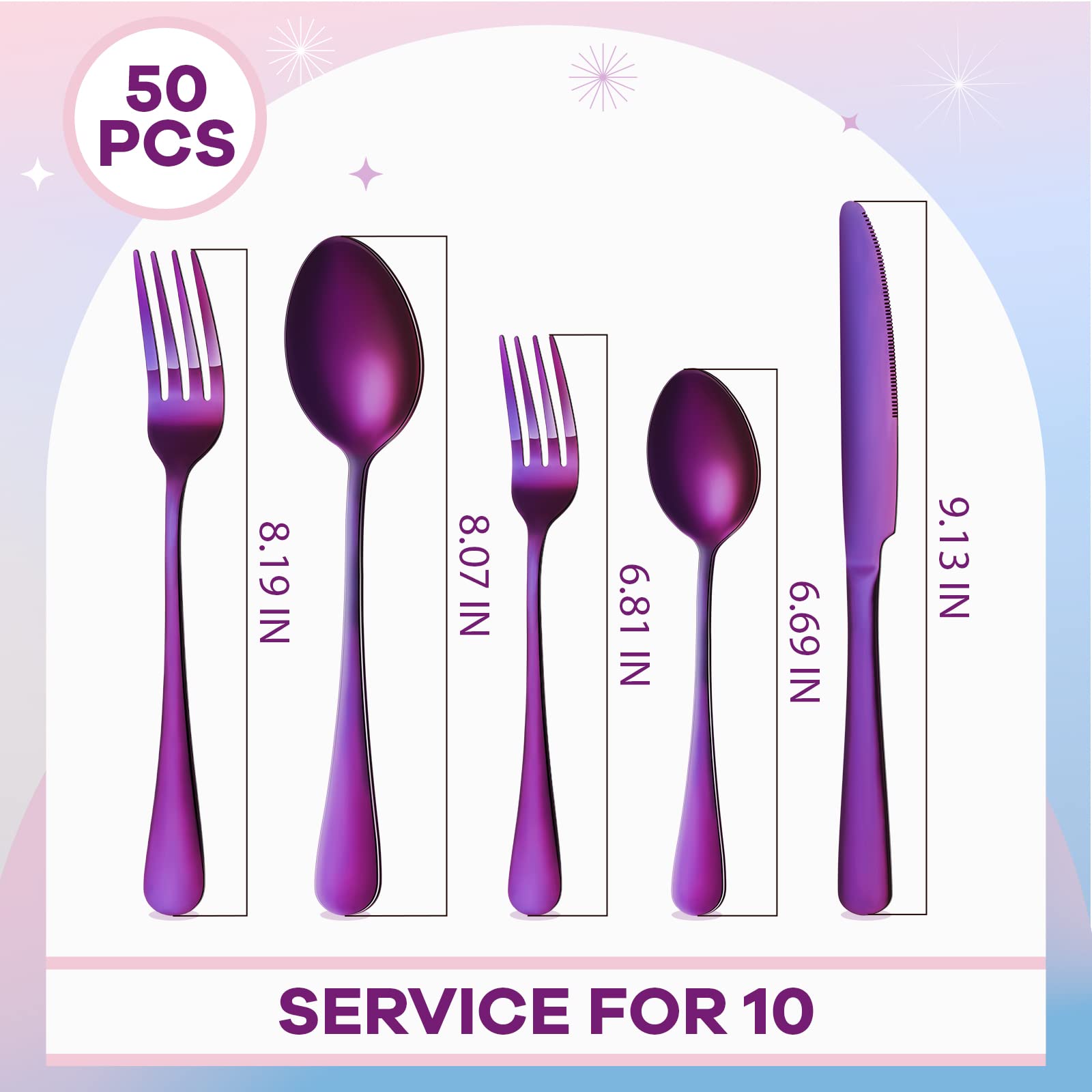 50 Pieces Purple Silverware Set Service for 10 Stainless Steel Flatware Set Metal Utensils Set Tableware Cutlery Set Including Knife Forks Spoons for Home Wedding Restaurant Table Dishwasher Safe