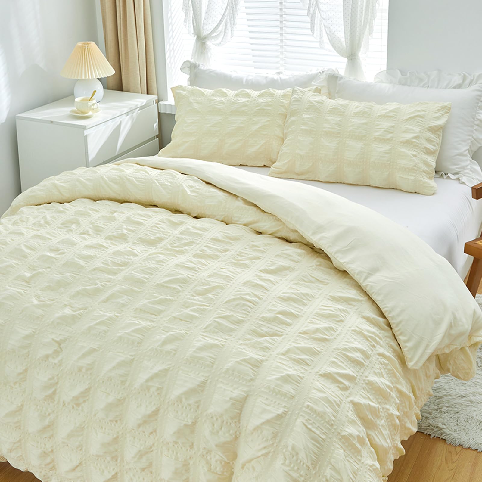 Rvciby Pink Duvet Cover Queen King Size,Soft Breathable Seersucker Geometric Pattern Boho Textured Duvet Cover,3PCS Microfiber Bedding Set with Corner Ties& Zipper Closure,1 Duvet Cover,2 Pillow Cases