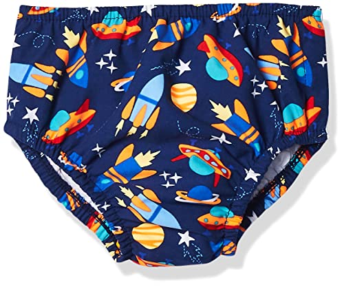 Swim Time Boys' Reusable Swim Diaper UPF 50+ with Side Snaps, Navy Space/Rocketships, X-Large