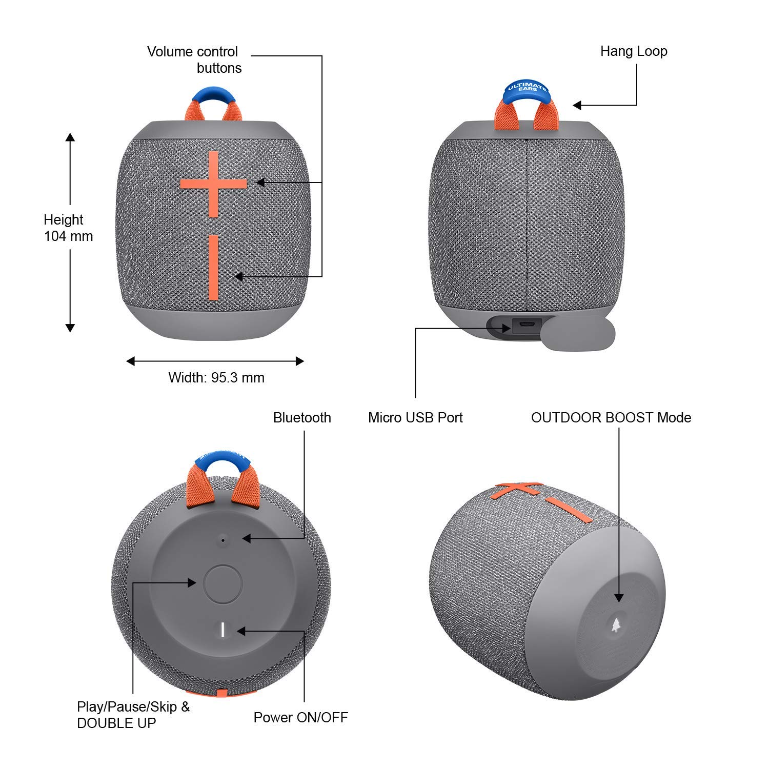 Ultimate Ears Wonderbooms 2 Wireless Speaker, Deep Bass, 360 ° Surround Sound, Waterproof, 2 Speaker Connection for Powerful Sound, 13h Battery, Crushed ice (Renewed)