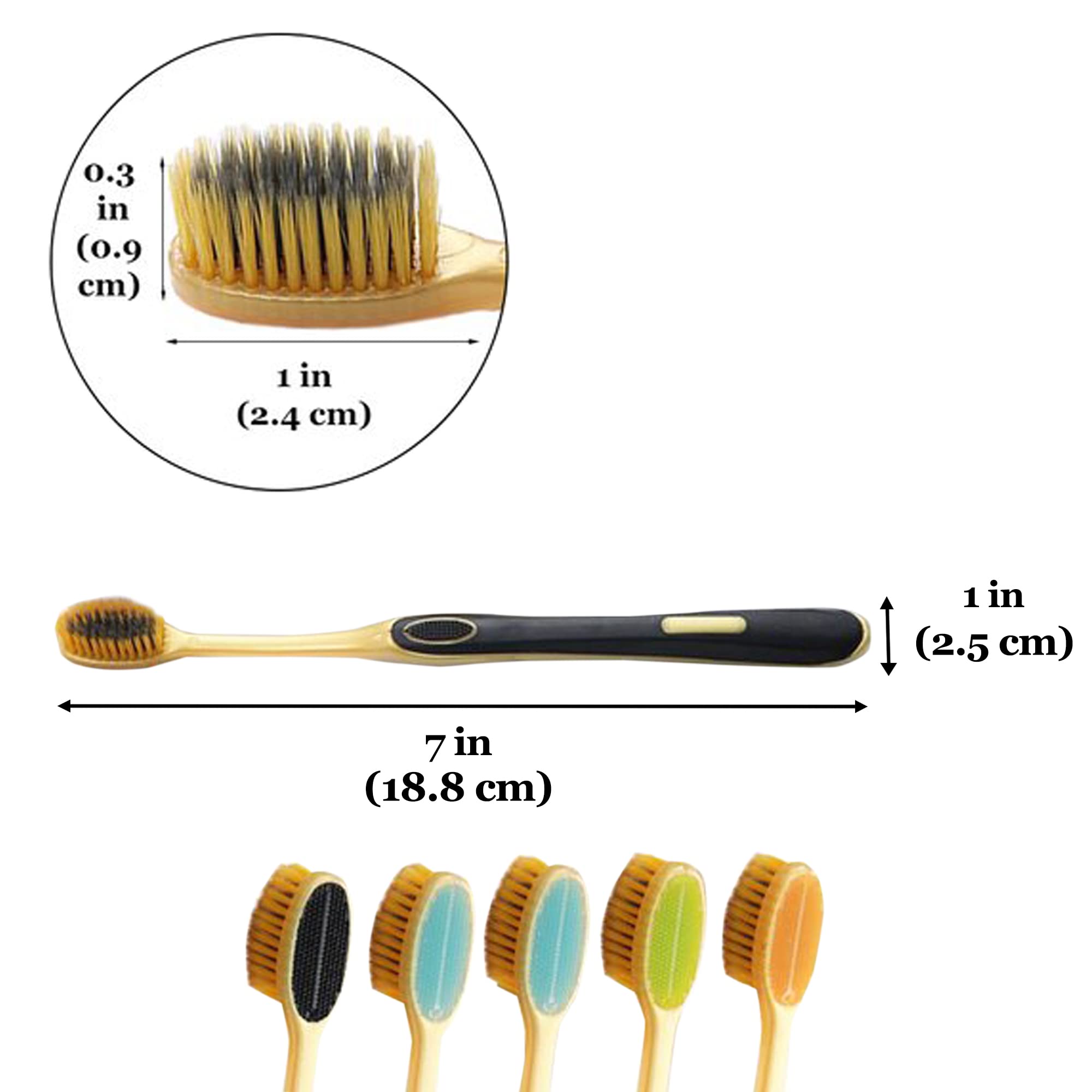 Synra Charcoal Toothbrush with Travel Case, 7β x 1β, Rubber Tongue Scraper, Soft Angled Bristles, 6 Pieces per Pack