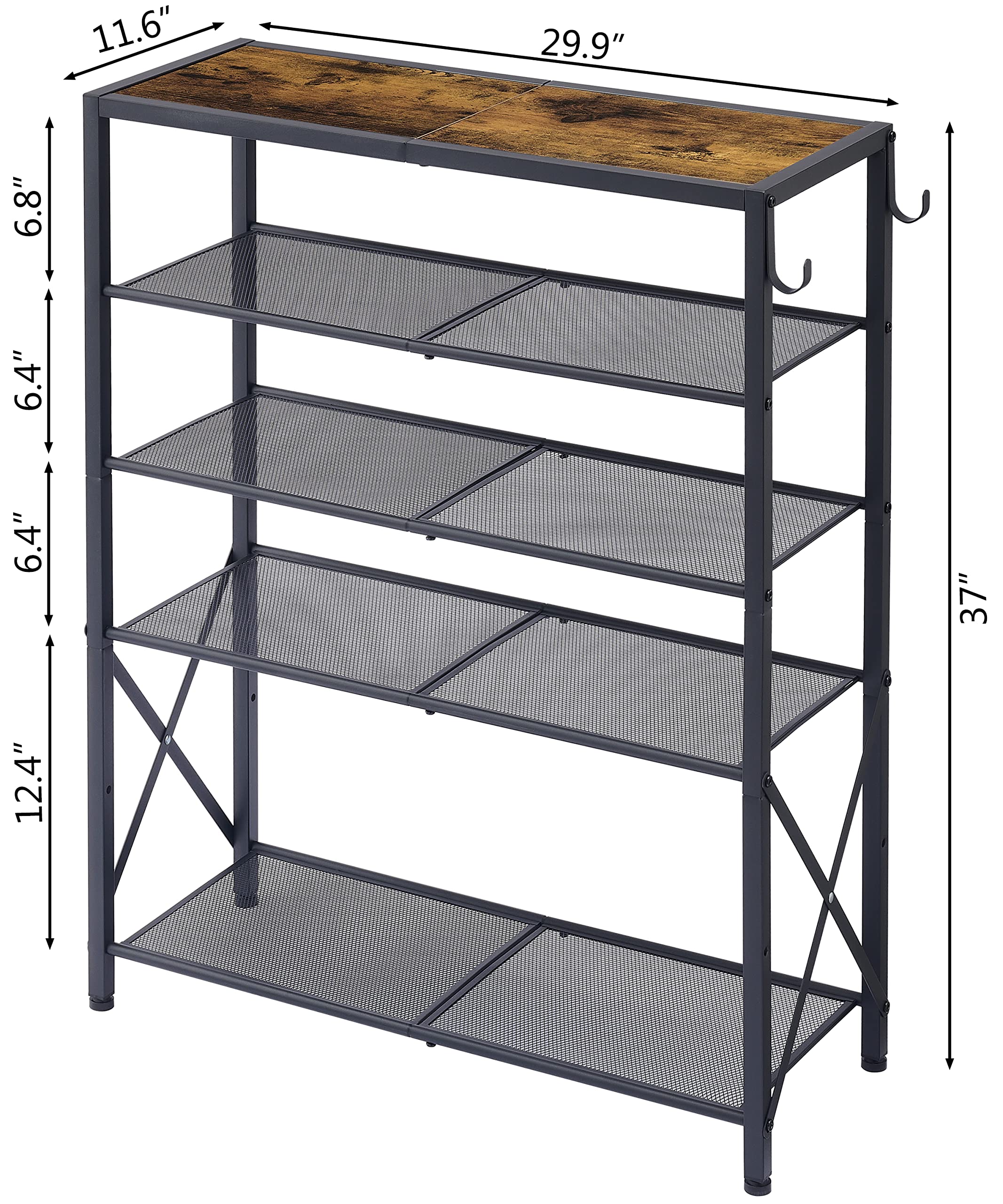 Tajsoon 5 Tier Shoe Rack Organizer for 16-20 Pairs of Shoes, Front Door Shoe Rack with 2 Hooks, Metal Mesh Shoe Shelf for Entryway, Shoe Storage with X Shape Fixed Frame, Rustic Brown & Black