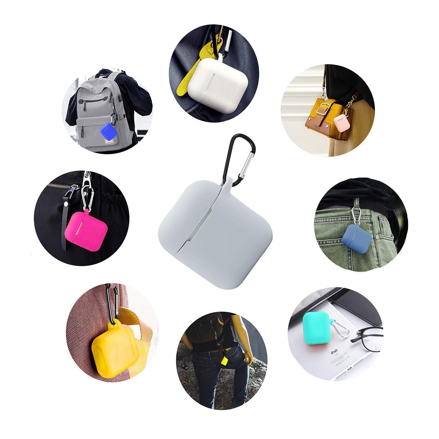 Earphone Silicone Case Cover Skin with Fur Ball Key Chain and Locking Carabiner Compatible with AirPods Charing Case - Hang Case Cover with Anti-Lost Strap as Headphone Accessories (Gray)