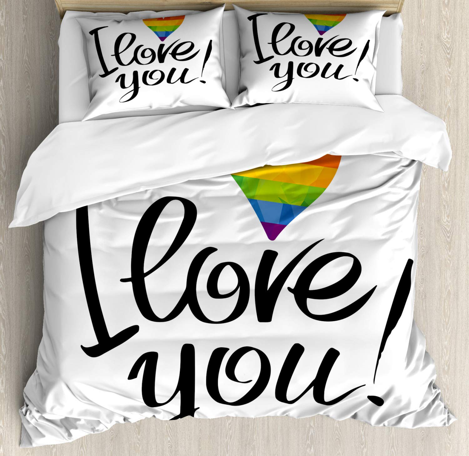 Ambesonne Pride Duvet Cover Set, I Love You Letters Polygonal Effect Rainbow Color Heart Gay Lesbian Couples, Decorative 3 Piece Bedding Set with 2 Pillow Shams, Queen Size, Black Rainbow