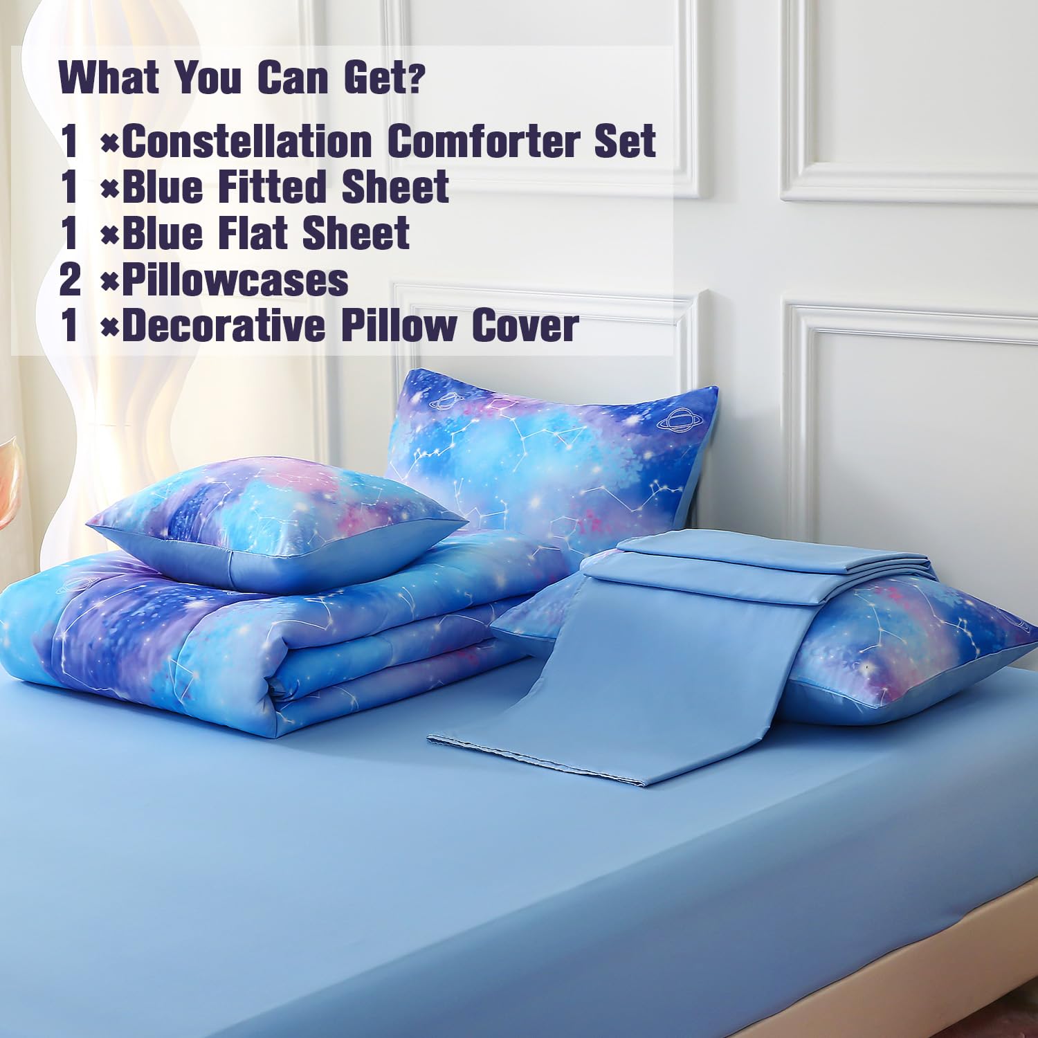 Keyroal Galaxy Constellation Print Comforter Set Twin Size Girls Gradient Bedding Set,6 Piece Bed in a Bag with Sheet Bedding Gift for Kids(Blue)