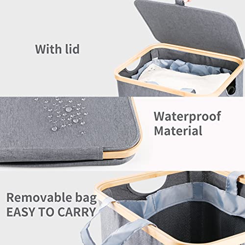 Airrniss Laundry Hamper with lid, 100L Waterproof-Laundry Basket, Collapsible-Tall-Clothes Hamper with Removable-Laundry Bags for Bedroom, Laundry Room, Closet, Bathroom, College Grey