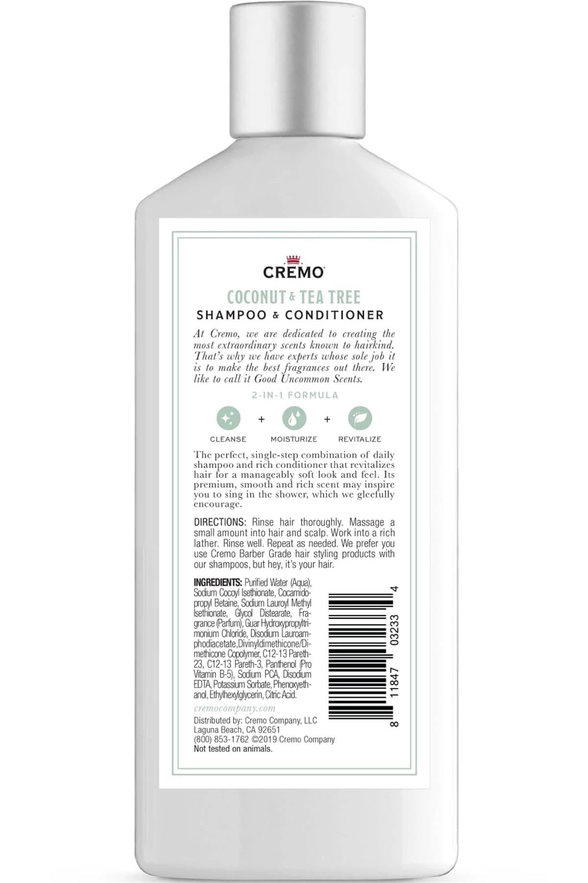 Cremo 2-in-1 Coconut Tea Tree Shampoo Conditioner - Cleanses, Moisturizes & Revitalizes - Barber Grade Formula - All Hair Types