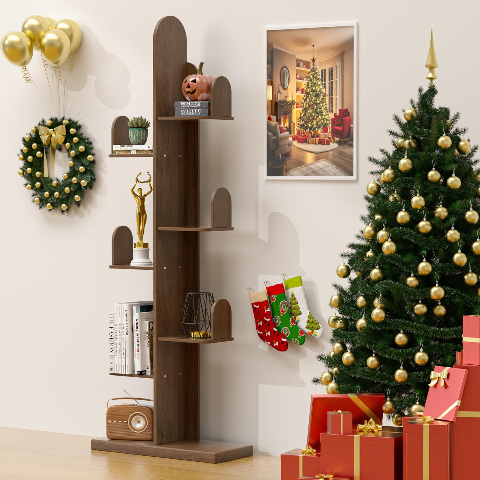 LAZEYARD Cactus Bookshelf, Tree Bookshelf for Bedroom, Solid Wood Geometric Bookcase, Spine Bookshelf and Book Tower with Living Room, Walnut