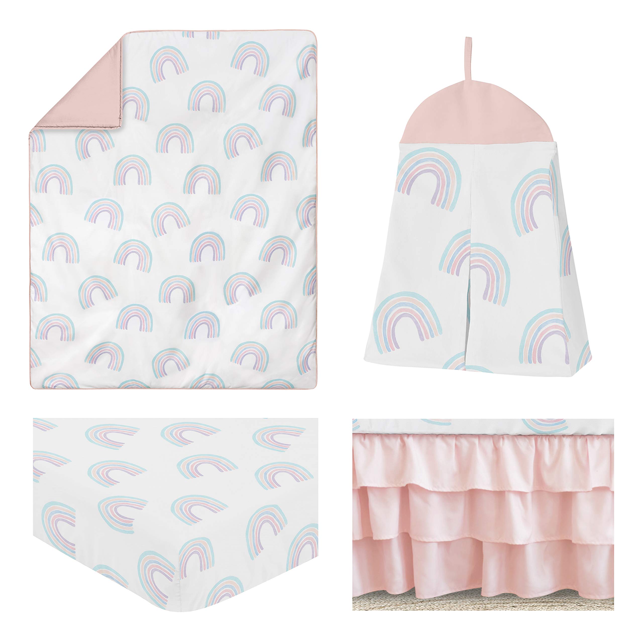 Sweet Jojo Designs Pastel Rainbow Baby Girl Nursery Crib Bedding Set - 4 pieces - Blush Pink, Purple, Teal, Blue and White