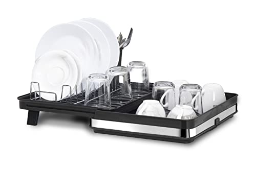 Alta by Auggie Chino Expandable Dish Drying Rack with Drainage Spout, Stainless Steel, Movable Utensil Drainer, (Black)