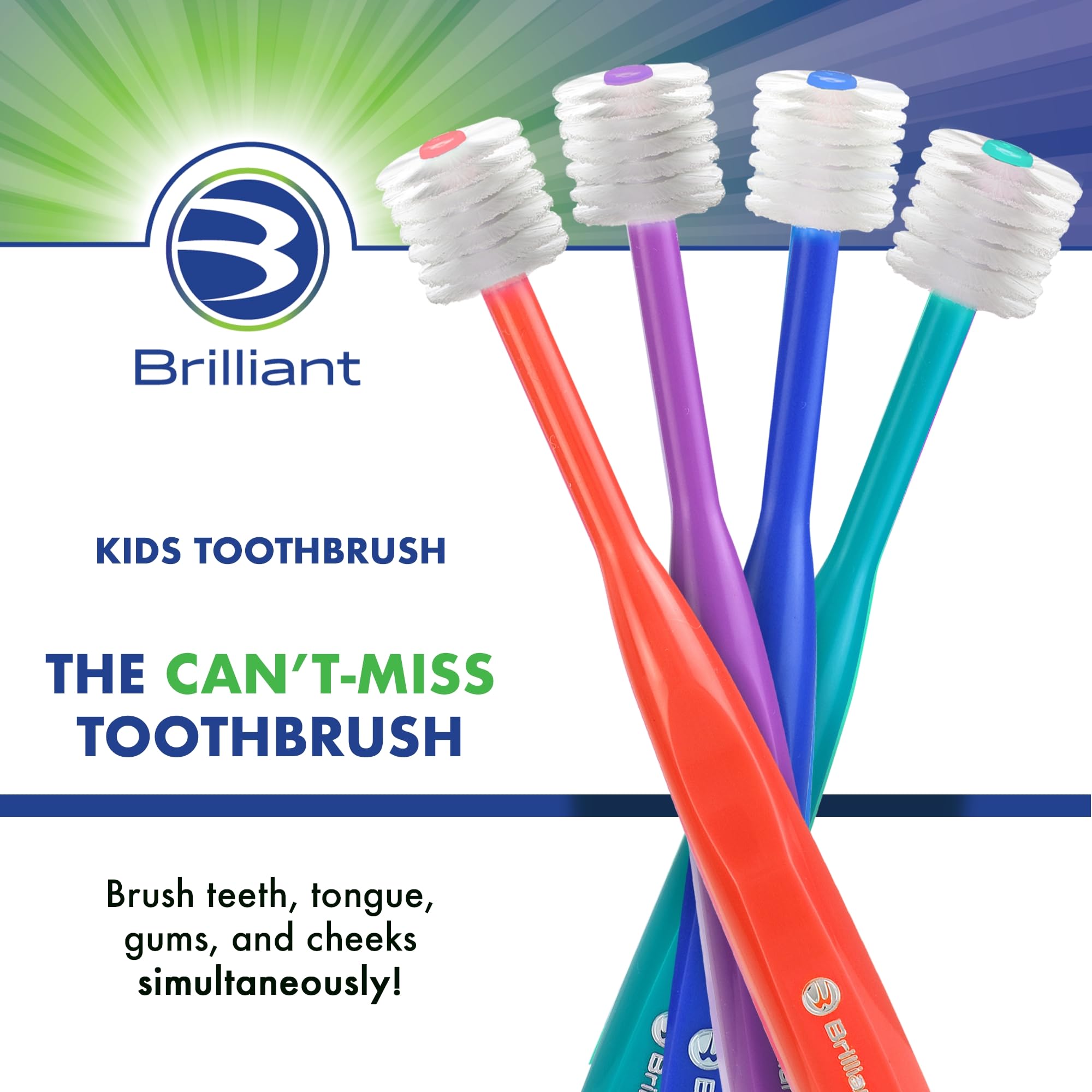 Brilliant Oral Care Kids Toothbrush with Soft Bristles and Round Head, for a Child Approved, Easy to Use All-Around Clean Mouth, Ages 5-9 Years, Teal, 3 Pack