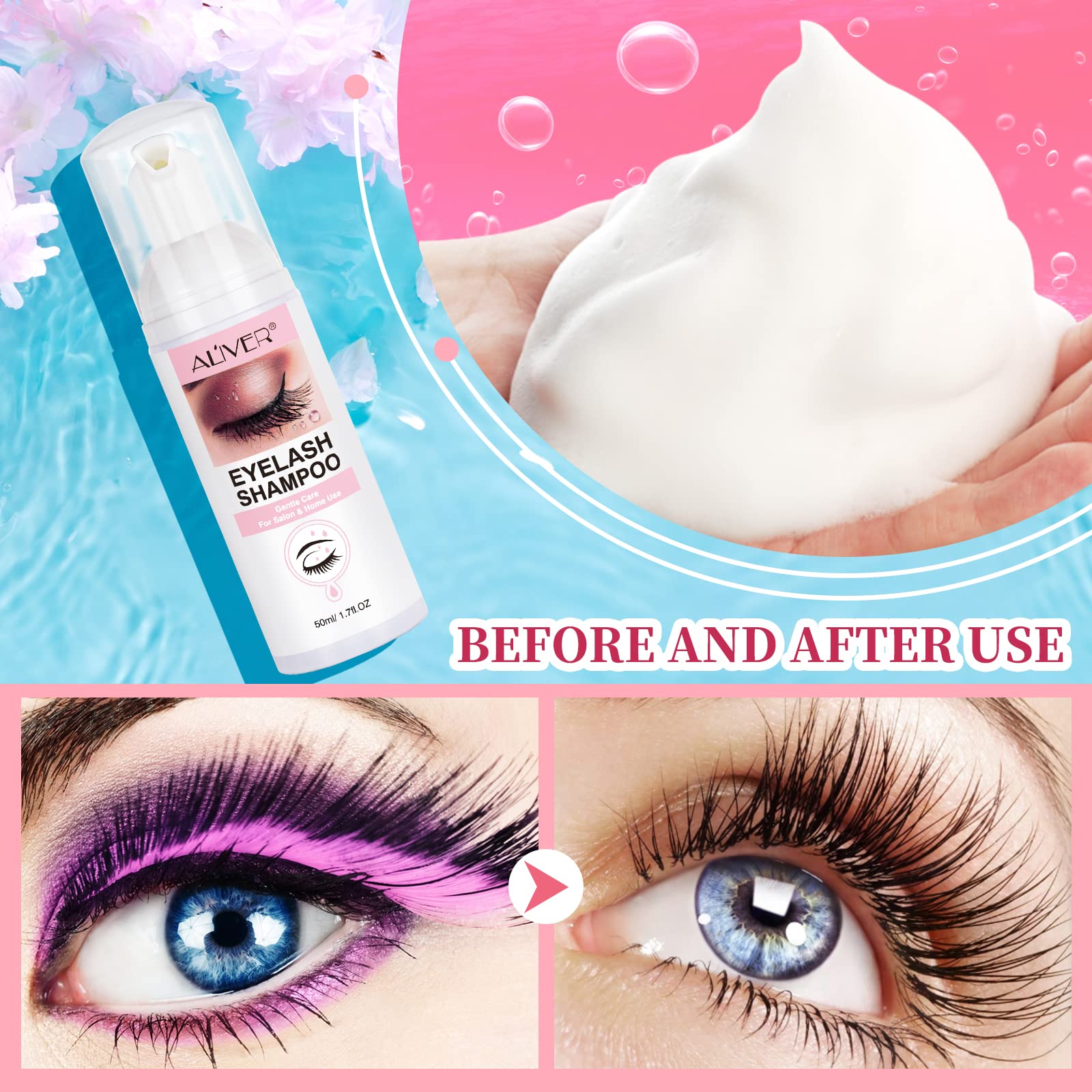 50ml Eyelash Foam Shampoo +10 Pcs Hydrogel Eye Patches+Mascara Brush + Cleaning Brush+ Rinse Bottle, Gentle & Friendly Lash Cleanser, Lash Bath, Eyelash Makeup Clean Just Needs 1-2 Minutes (Set A)