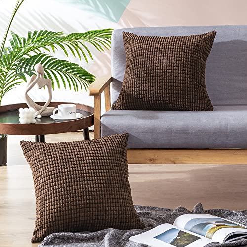 CaliTime Pack of 2 Comfy Throw Pillow Covers Cases for Couch Sofa Bed Decoration Comfortable Supersoft Corduroy Corn Striped Both Sides 18 X 18 Inches Coffee