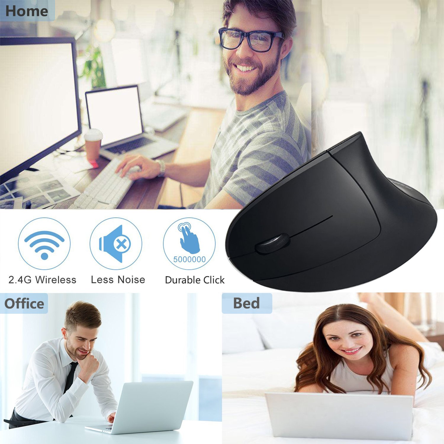 Lekvey Left Handed Mouse, Wireless 2.4 GHz USB Lefty Left Hand Ergonomic Vertical Mouse, Less Noise - Black