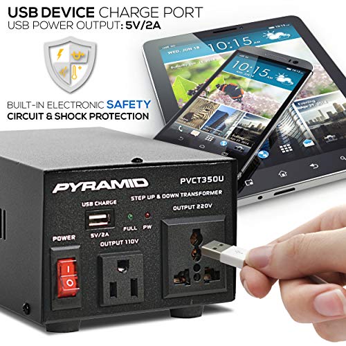 Pyramid Step Up and Down Converter -350 Watt Voltage Converter Transformer w/ USB Charging Port, UK Power Adapter, AC 110 / 120 to 220 / 240 Volt Vice Versa, 110V/120V/220V/240V Input Voltage PVCT350U