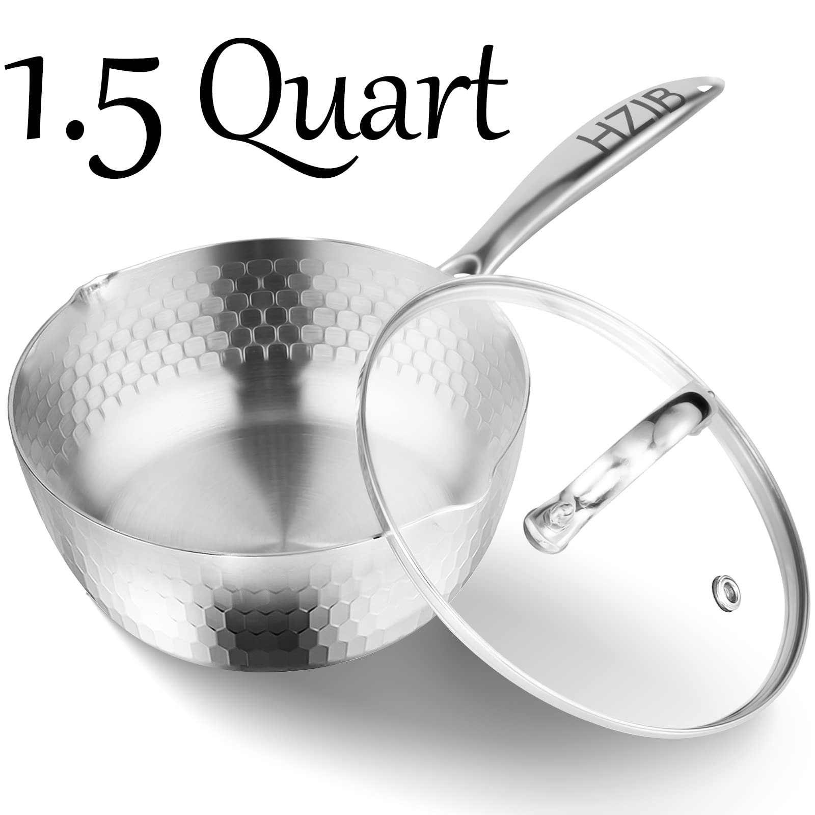 HZIB Stainless Steel Saucepan with Glass Lid,Two Side Spouts for Easy Pour,Ergonomic Handle, Multipurpose Sauce Pan with Lid, Yukihira Sauce Pan,Stock Pots Use for Home Kitchen Restaurant - 1.5 Quart