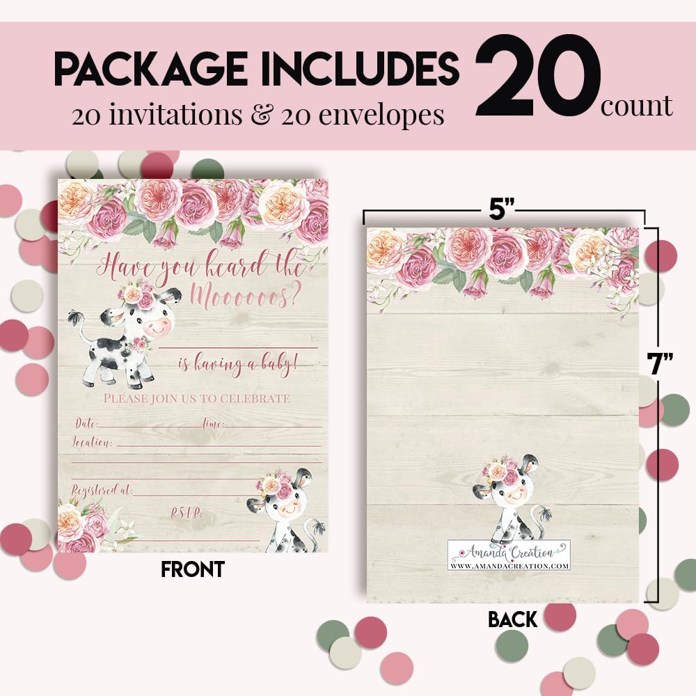 Watercolor Pink Floral Cow-Themed Baby Sprinkle Shower Invitations, 20 5x7 Fill In Cards with Twenty White Envelopes by AmandaCreation