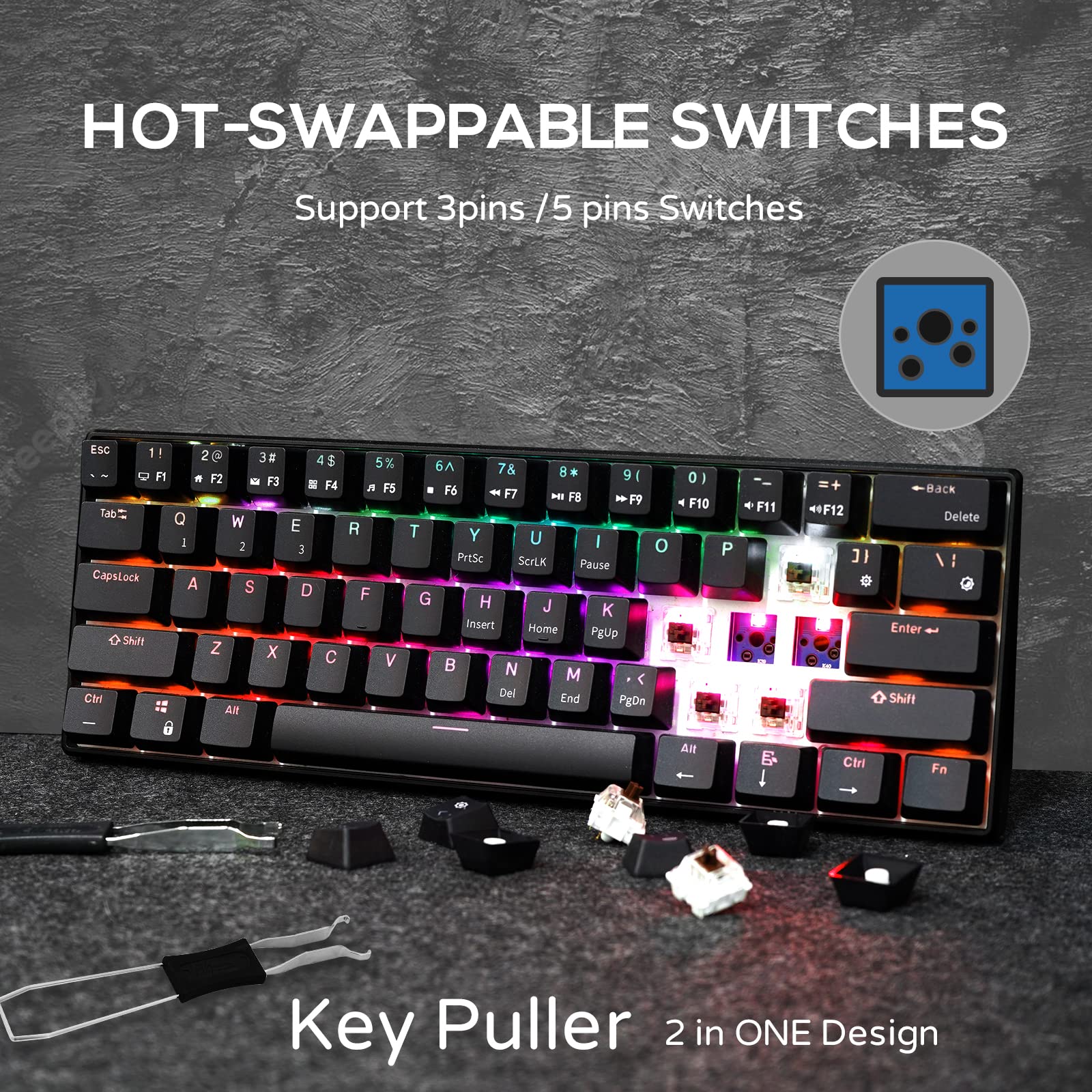 RK ROYAL KLUDGE RK61 60% Mechanical Keyboard with Coiled Cable, 2.4Ghz/Bluetooth/Wired, Wireless Bluetooth Mini Keyboard 61 Keys, RGB Hot Swappable Red Switch Gaming Keyboard with Software - Black