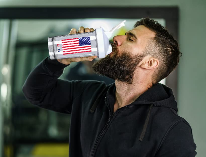 American Flag USA Shaker Bottle | 24 oz | Distressed Grunge Texture with Tri-colored USA Print || Made from Durable Tritan Plastic || Patriotic Protein Mixer